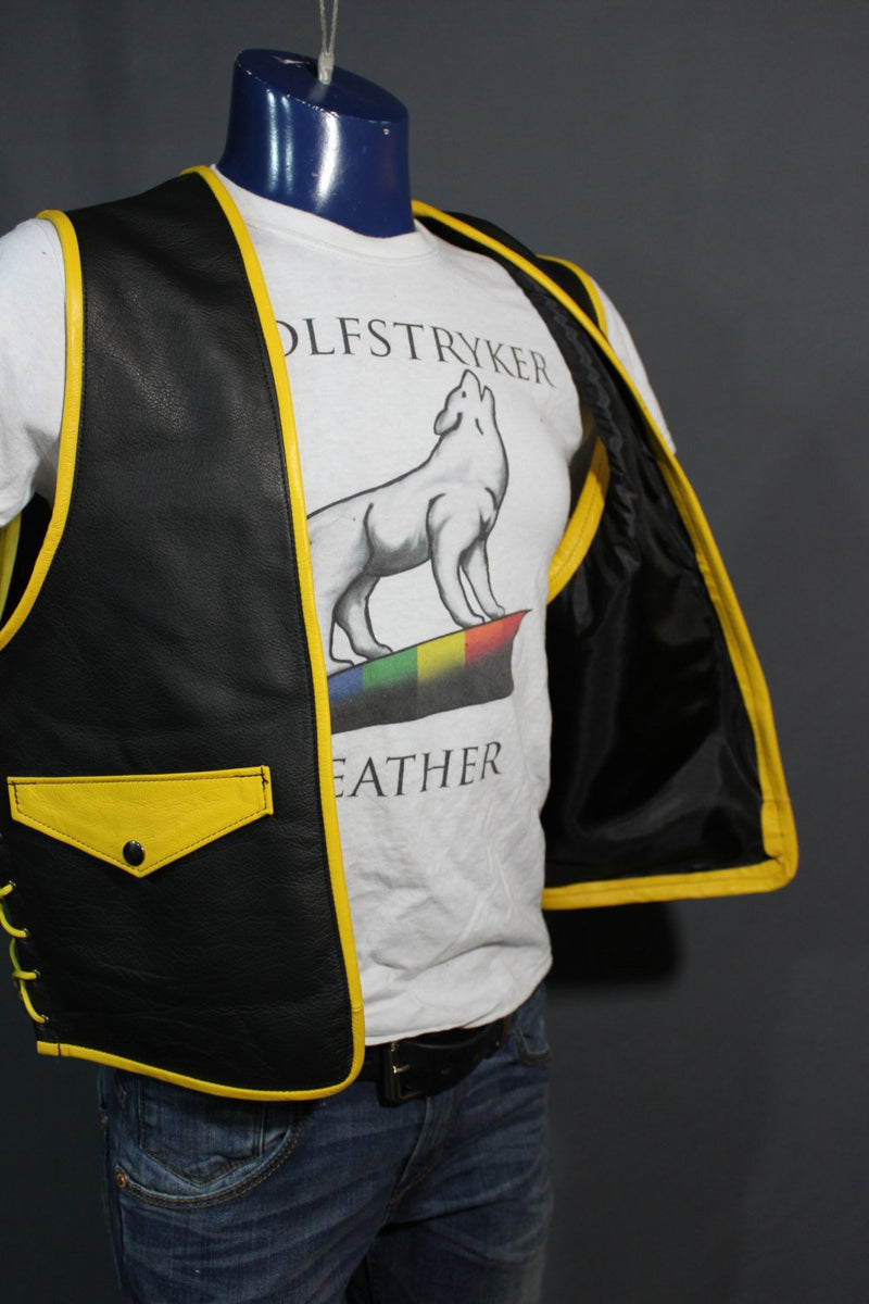 Hand Made Leather Bar Vest with Yellow Accents – Wolfstryker Leather